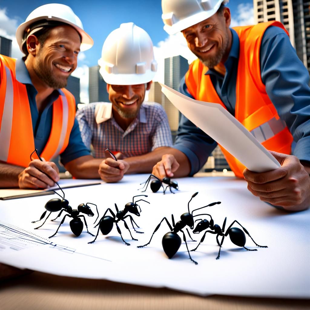 Three happy ants, with human bodies and ant heads, are seated around a ...