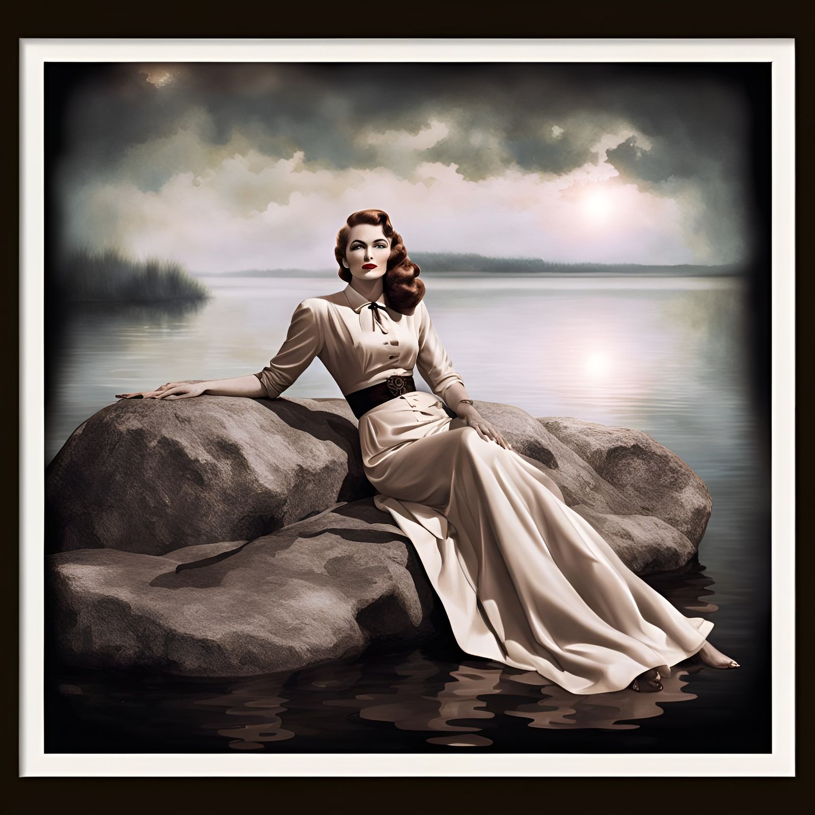Vintage 1950's woman reclining on a rock with water behind her. Very pretty, in her 20's ...