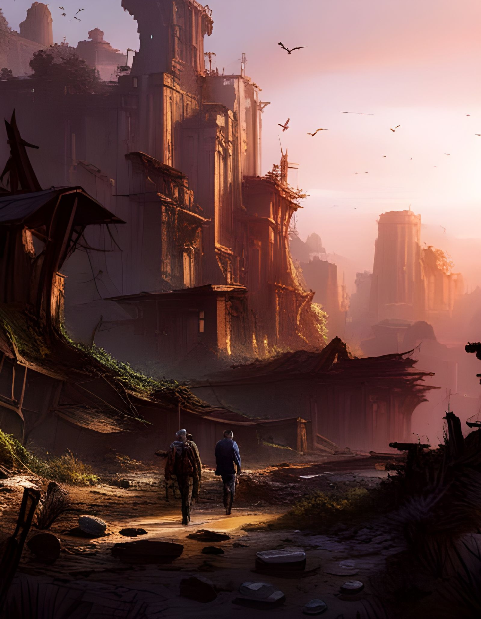 An exploration team advancing through the ruins of a jungle-covered ...