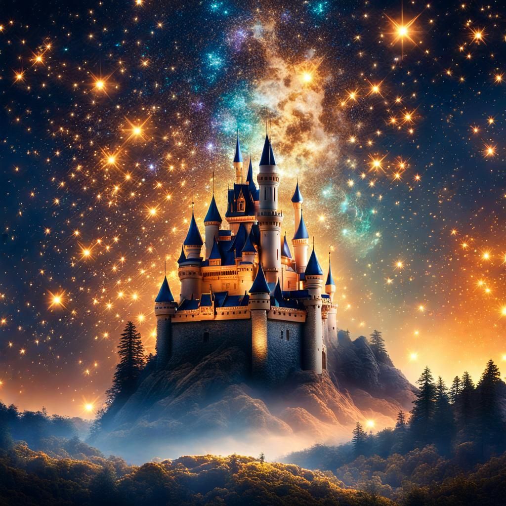 Magical castle, Beautiful glitter rain, flying Golden particle glitter ...
