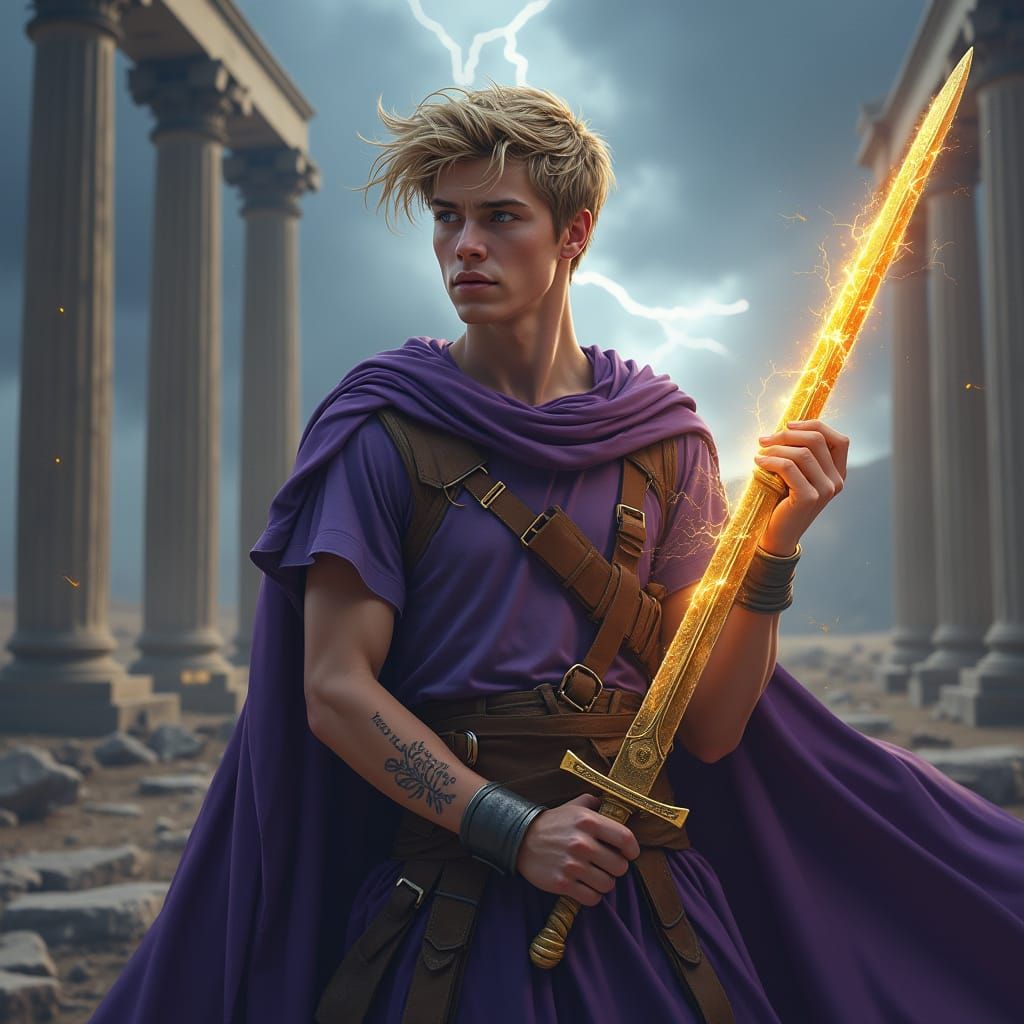 Majestic Roman Demigod in Regal Attire, Stormy Rom... - AI Art