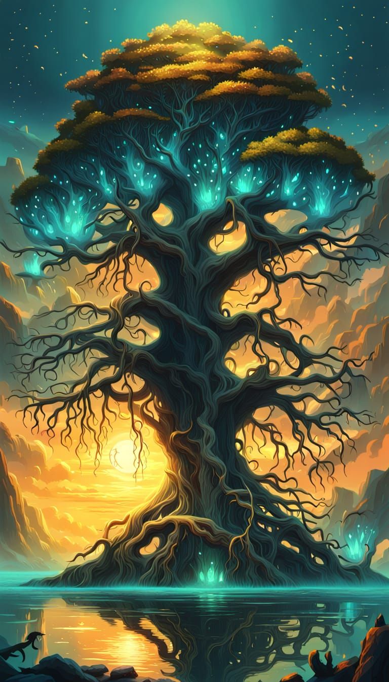 Surreal Grandeur: Colossal Tree Envelops a Vibrant... - AI Art