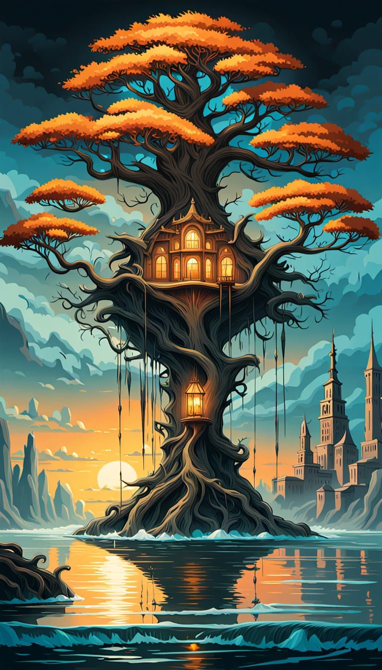Colossal Tree Sustains Vibrant City in Ethereal Su... - AI Art