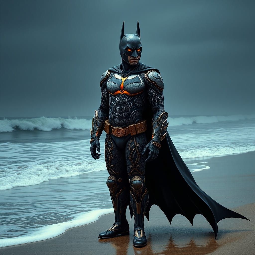 an incredible Batman on a beach alternate timeline, moody, jacked ...