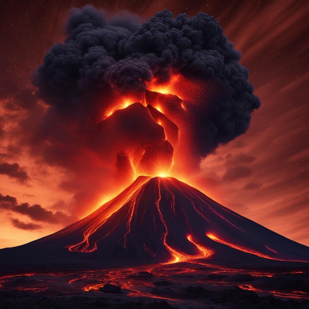 volcanic eruption in a beautiful starry night with lava flowing down a ...