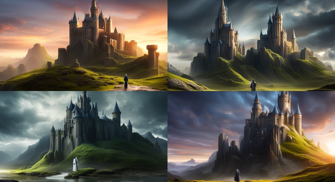 low angle shot of a knight standing with enourmous high fantasy castle ...