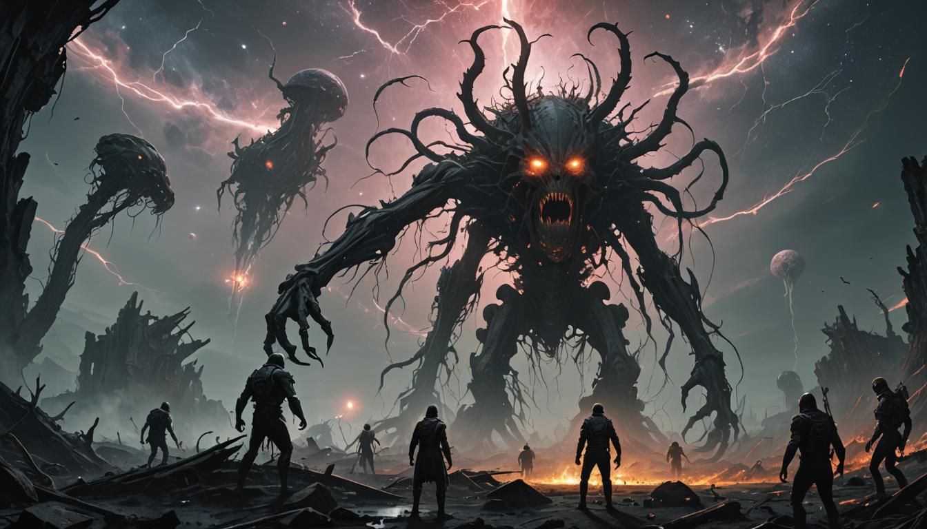 Dark Fantasy Battle Scene in a Cosmic Apocalypse - AI Art