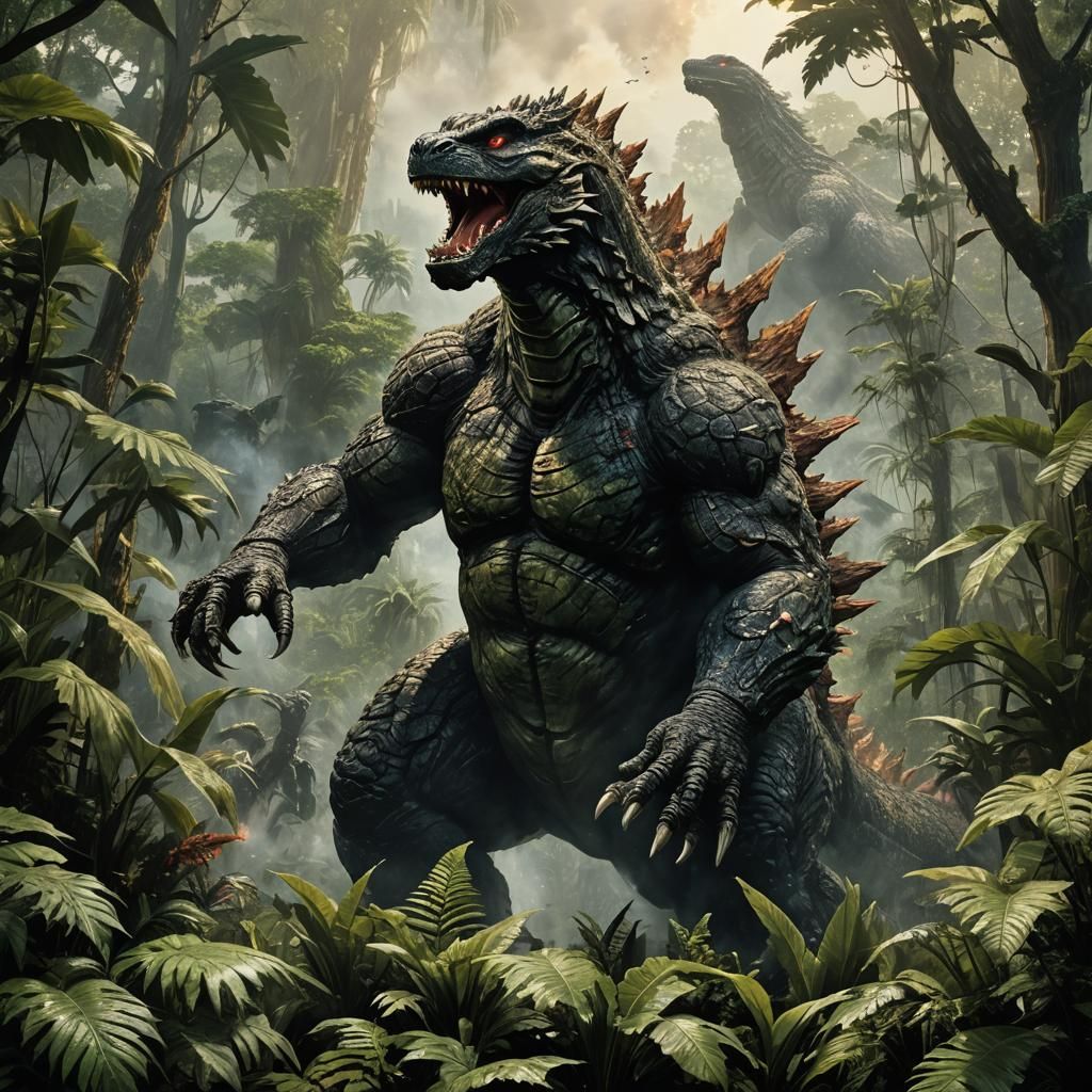 Deep in the heart of a dense jungle, the towering figure of Godzilla ...