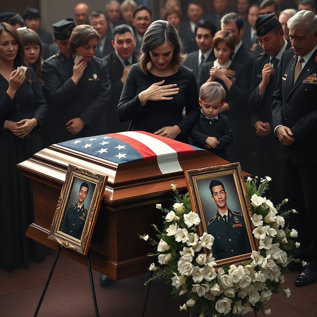 A solemn funeral scene featuring a grieving mother and her young son in ...