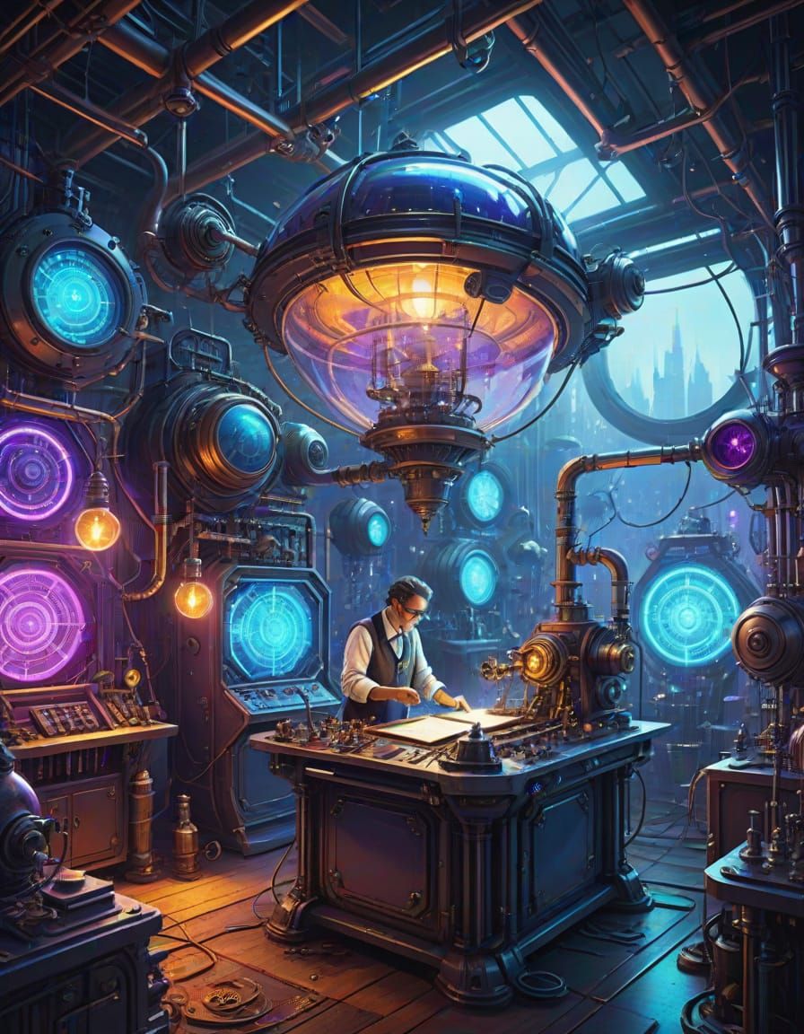 Eccentric Inventor's Whimsical Workshop in Neon Hu... - AI Art