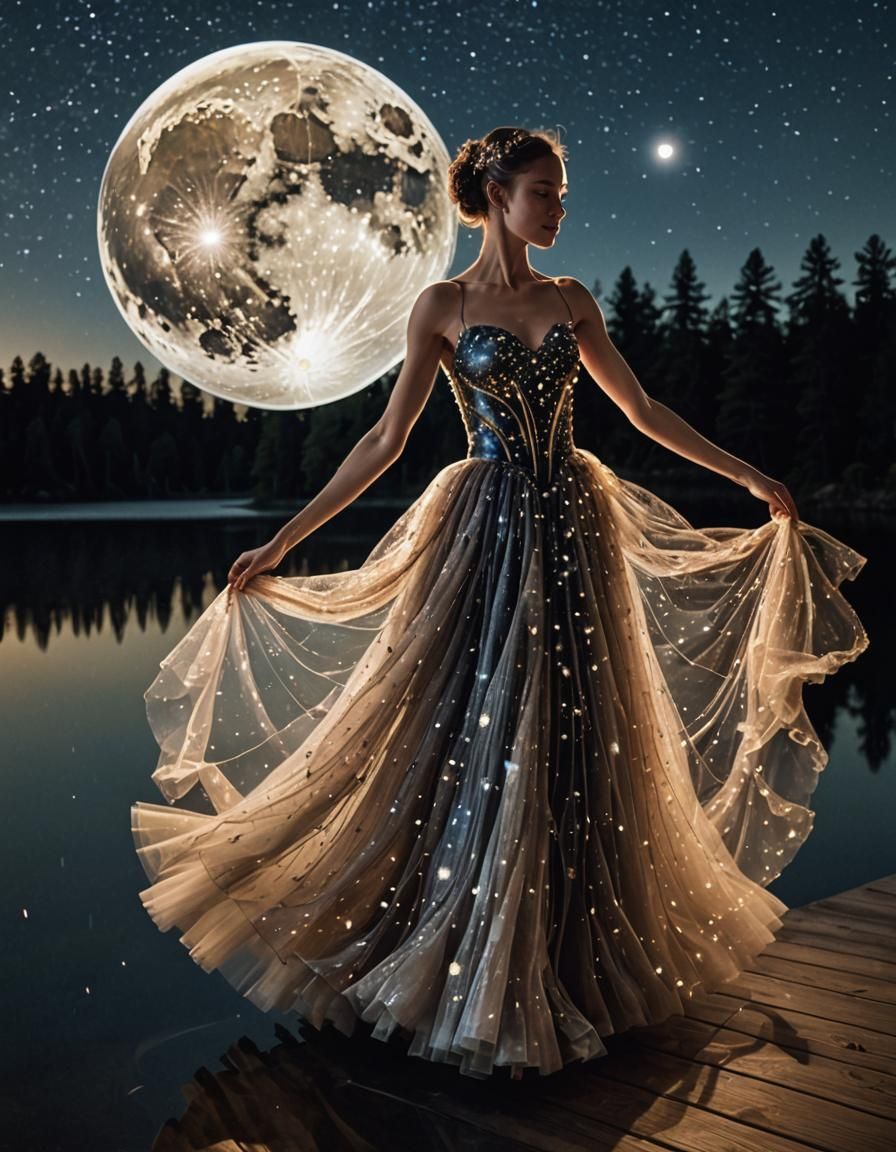 A dancer in an elaborate Tulle dress made of the fabric of the universe ...