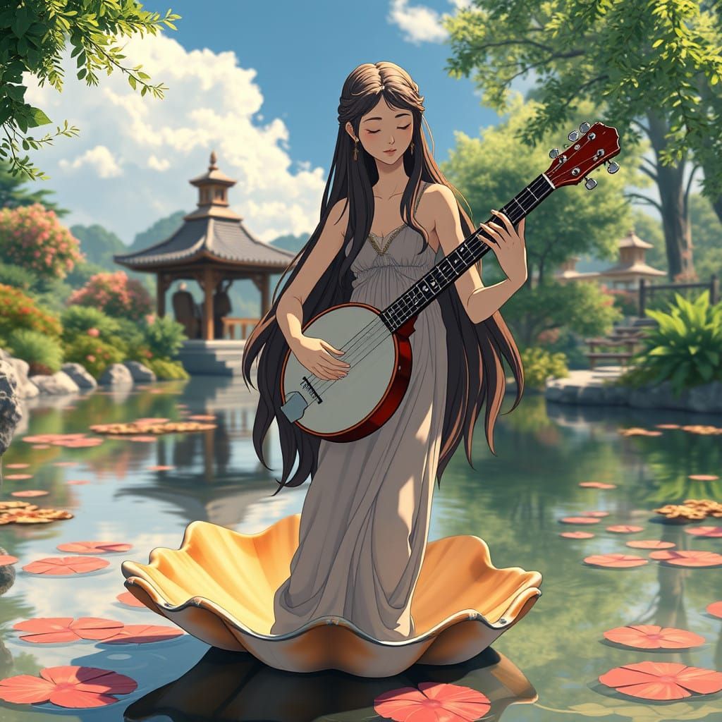 An anime Venus de Milo with very long hair playing a banjo. she is ...