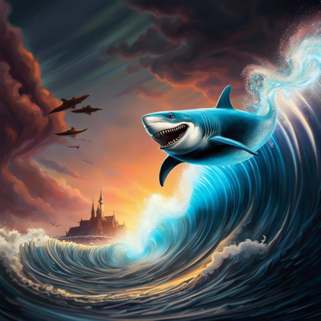 Hugely grinning shark surfing a tubular wave - AI Generated Artwork ...