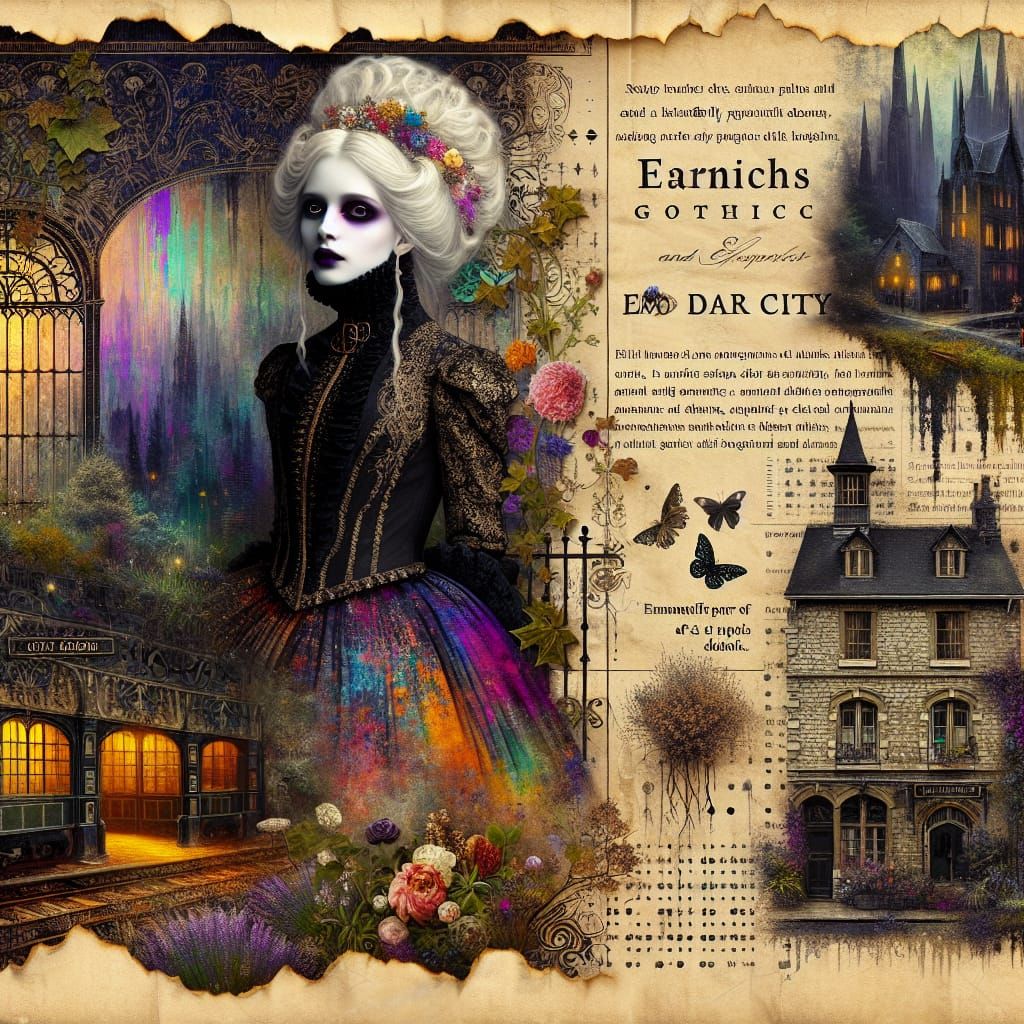 An elegantly dressed, Caucasian Goth girl, emerges from a torn paper ...