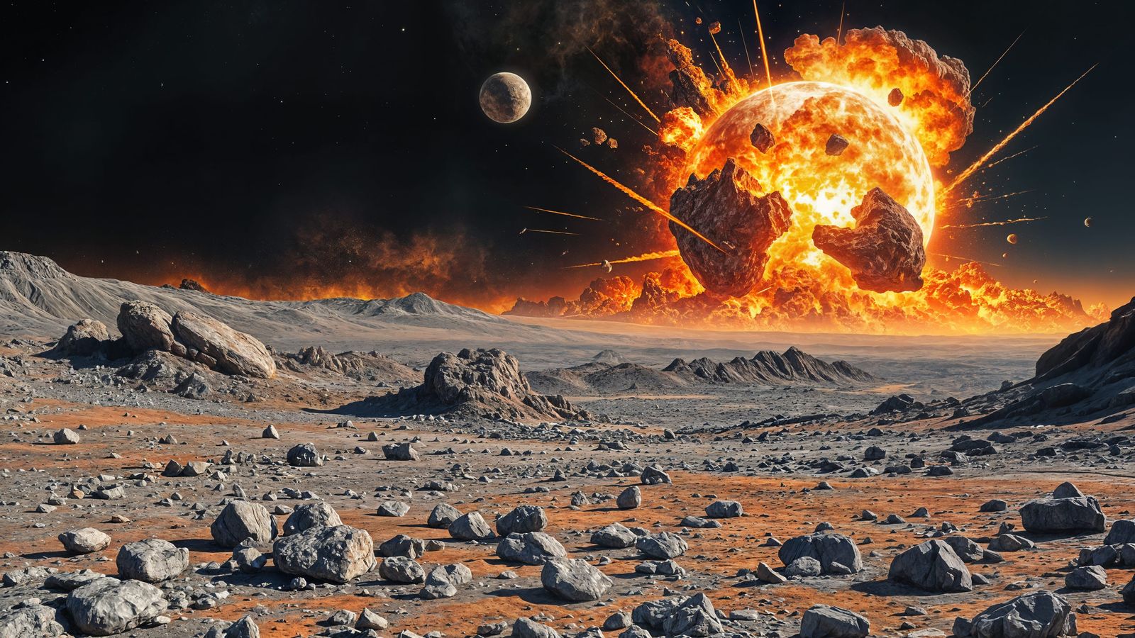 Asteroid Surface with Distant Planetary Explosion - AI Art