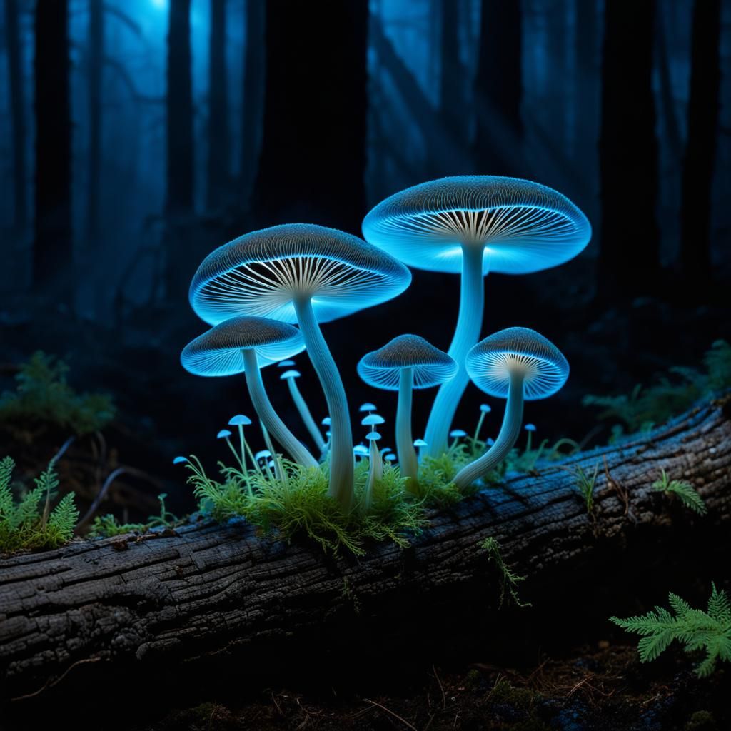 Bioluminescent; Mycena roseoflava mushrooms; growing form a log ...