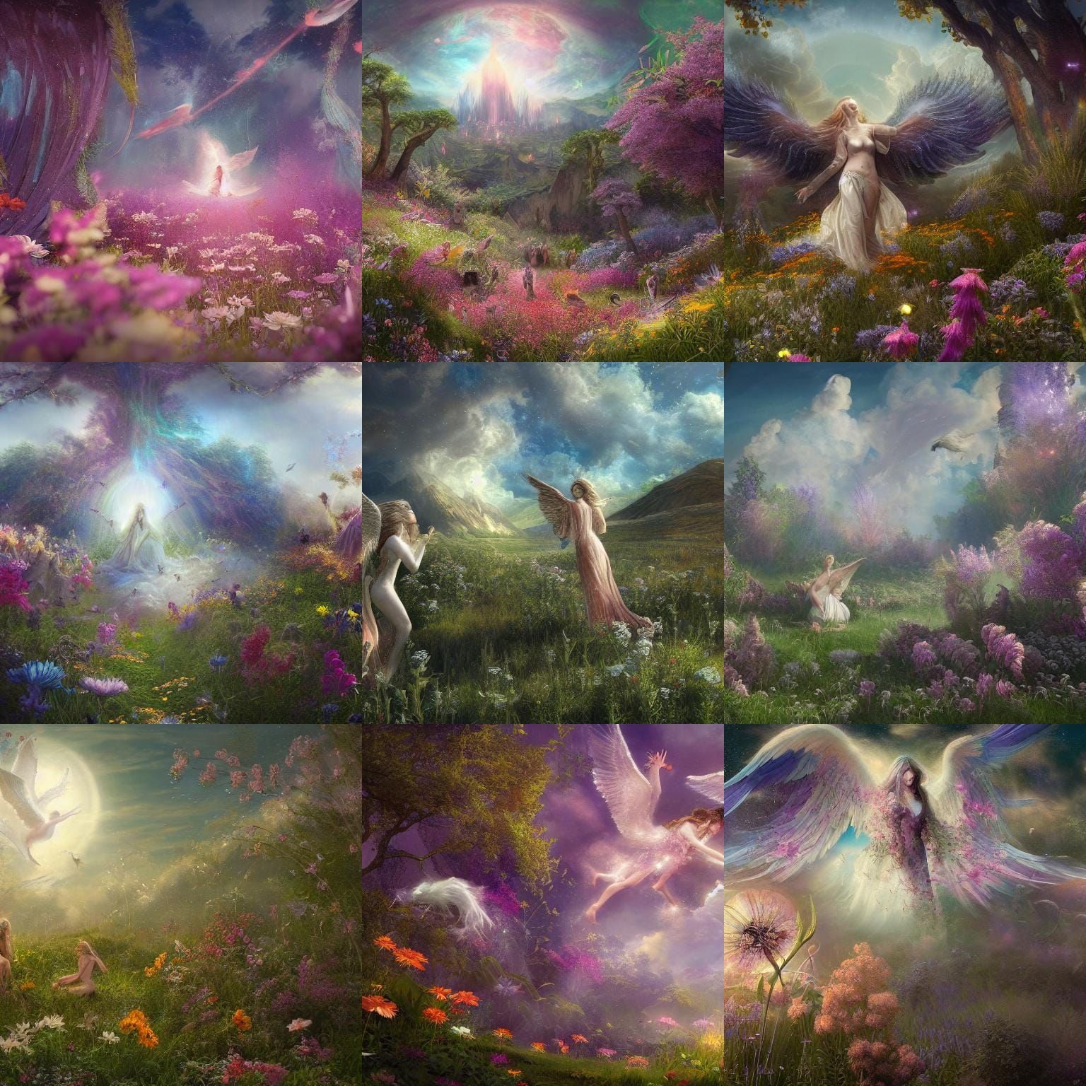 a celestial scene of angelic creatures surrounded by a meadow of ...