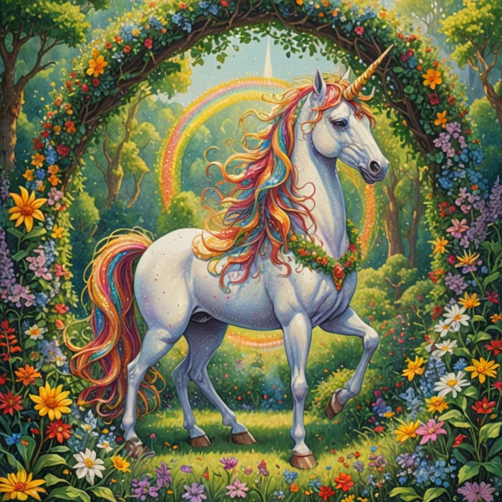 Unicorn in a faerie ring on a sunny summer day, fantasy, bright colors ...