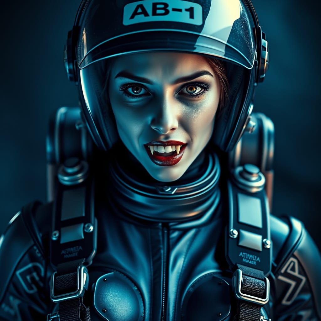 A waist up portrait of a female vampire with large very obvious fangs ...