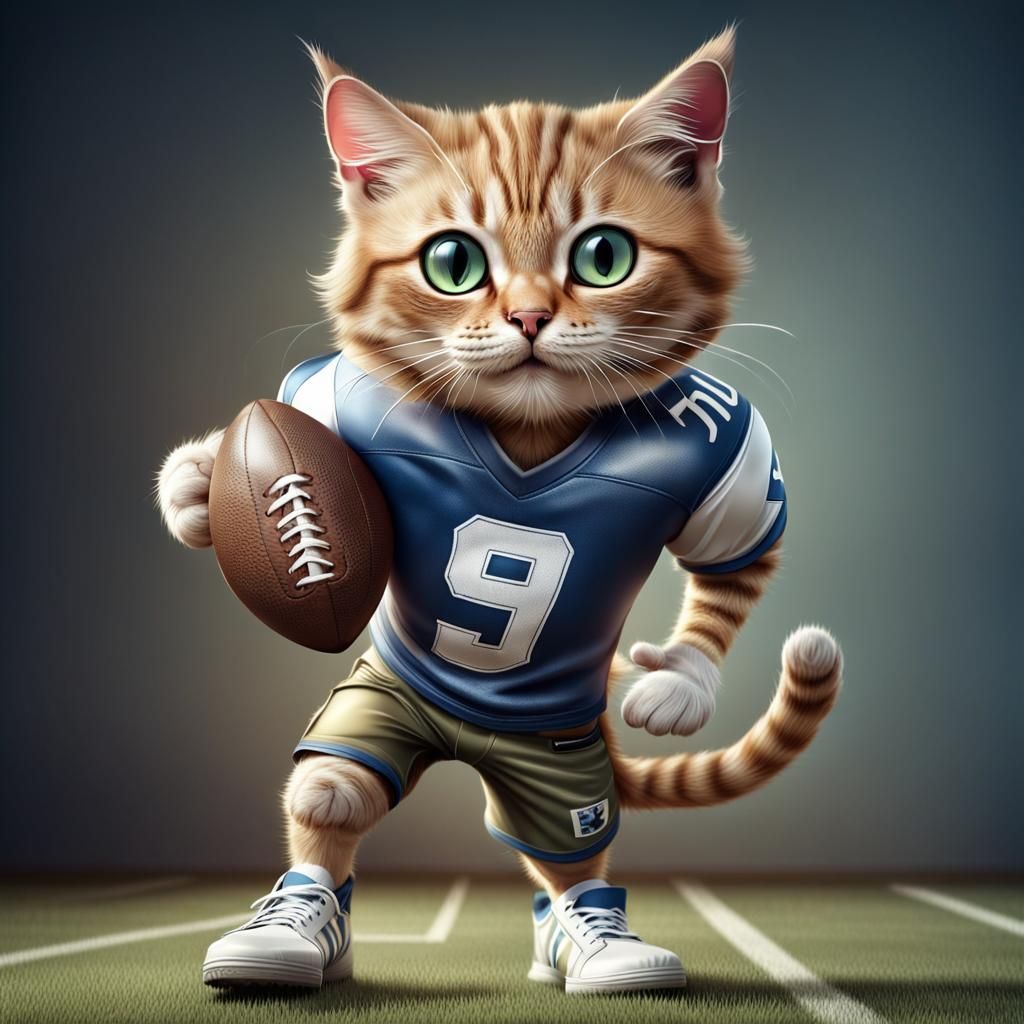 Beautiful cat playing football. He wears a football jersey, shorts and ...