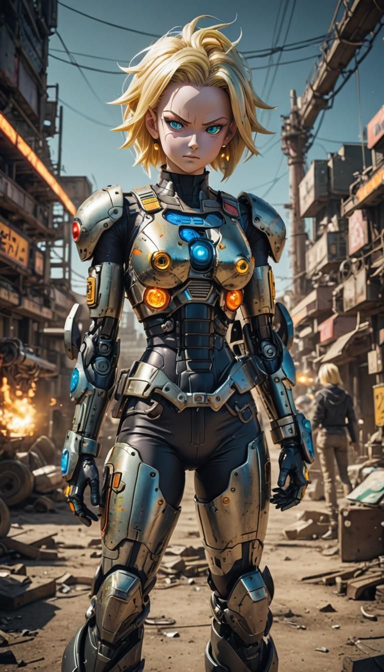 Dragon ball curvy Android 18, half robot face, circuit showing, full ...