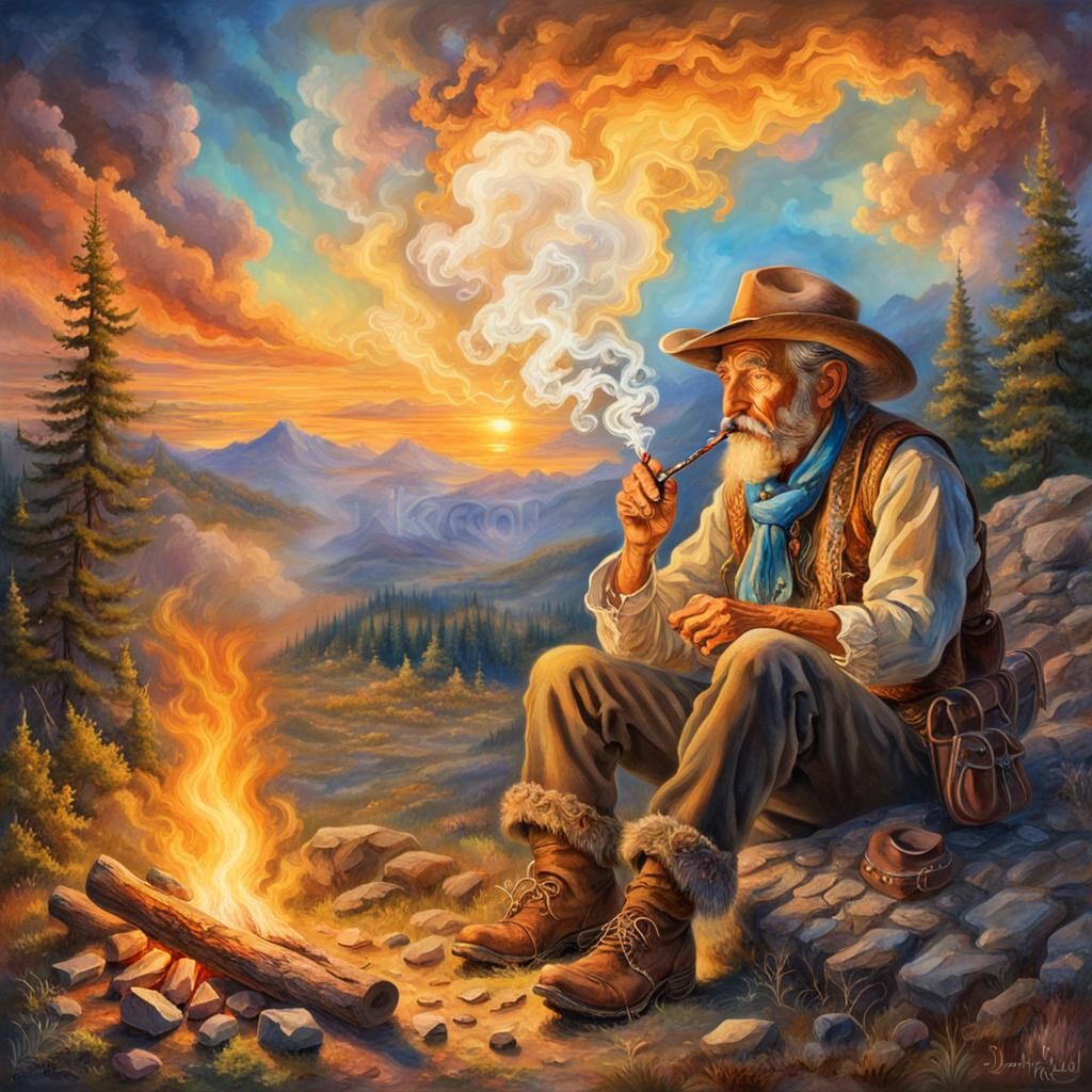 An old cowboy smokes a pipe by the campfire, and blows huge smoke rings ...
