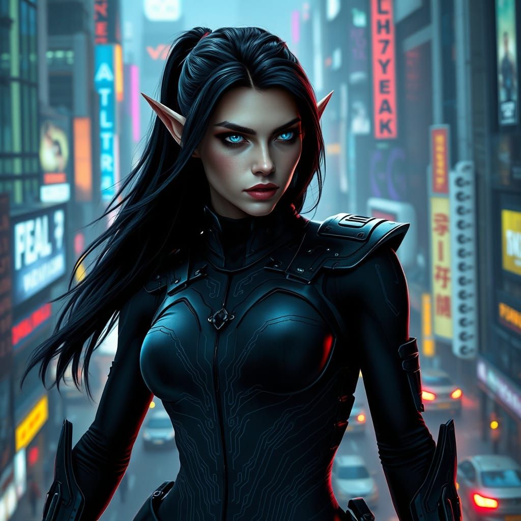 Elegant Cyberpunk Elf Assassin in Dystopian Metrop... - AI Art