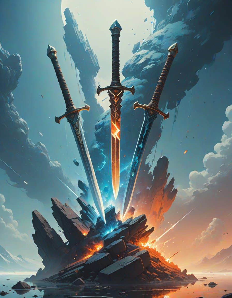 Four Elemental Crystal Swords in Vibrant Cosmic Gl... - AI Art