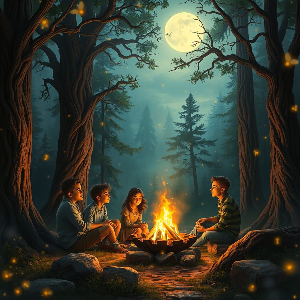 Ethereal Family Campsite Scene with Fireflies and ... - AI Art