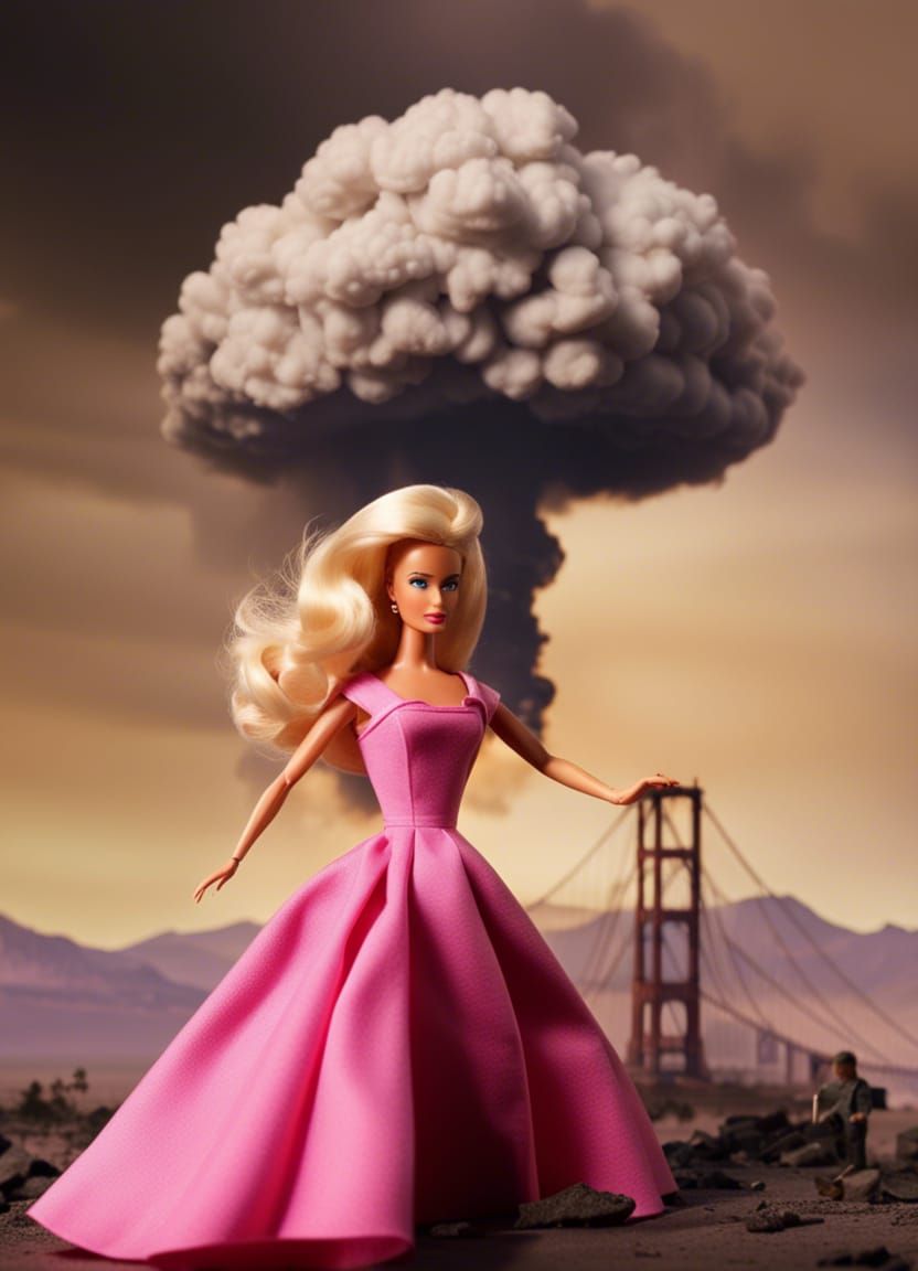 Oppenheimer Barbie with a nuclear explosion in the background - AI ...