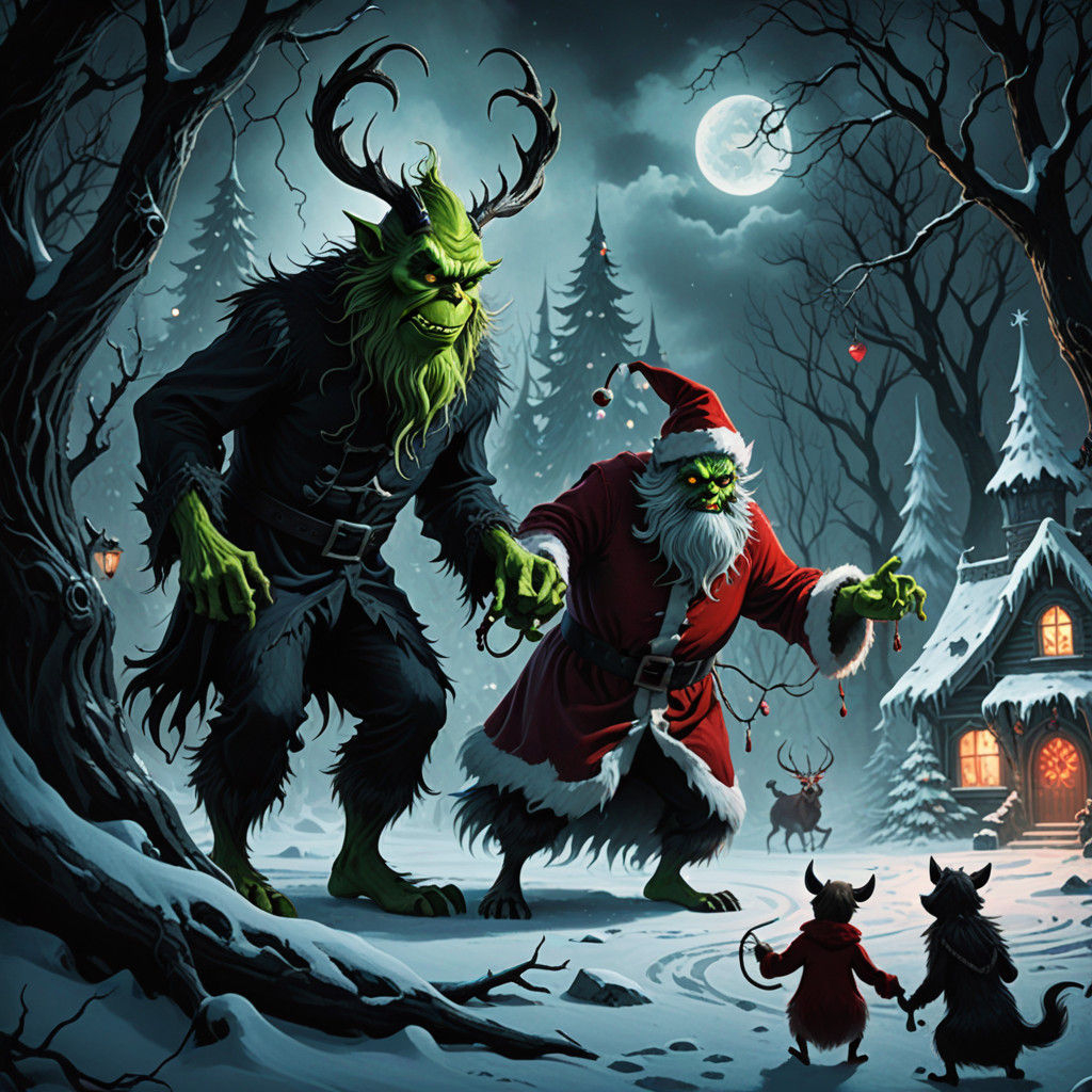 The Grinch and Santa Claus gone bad in a Snowy Forest