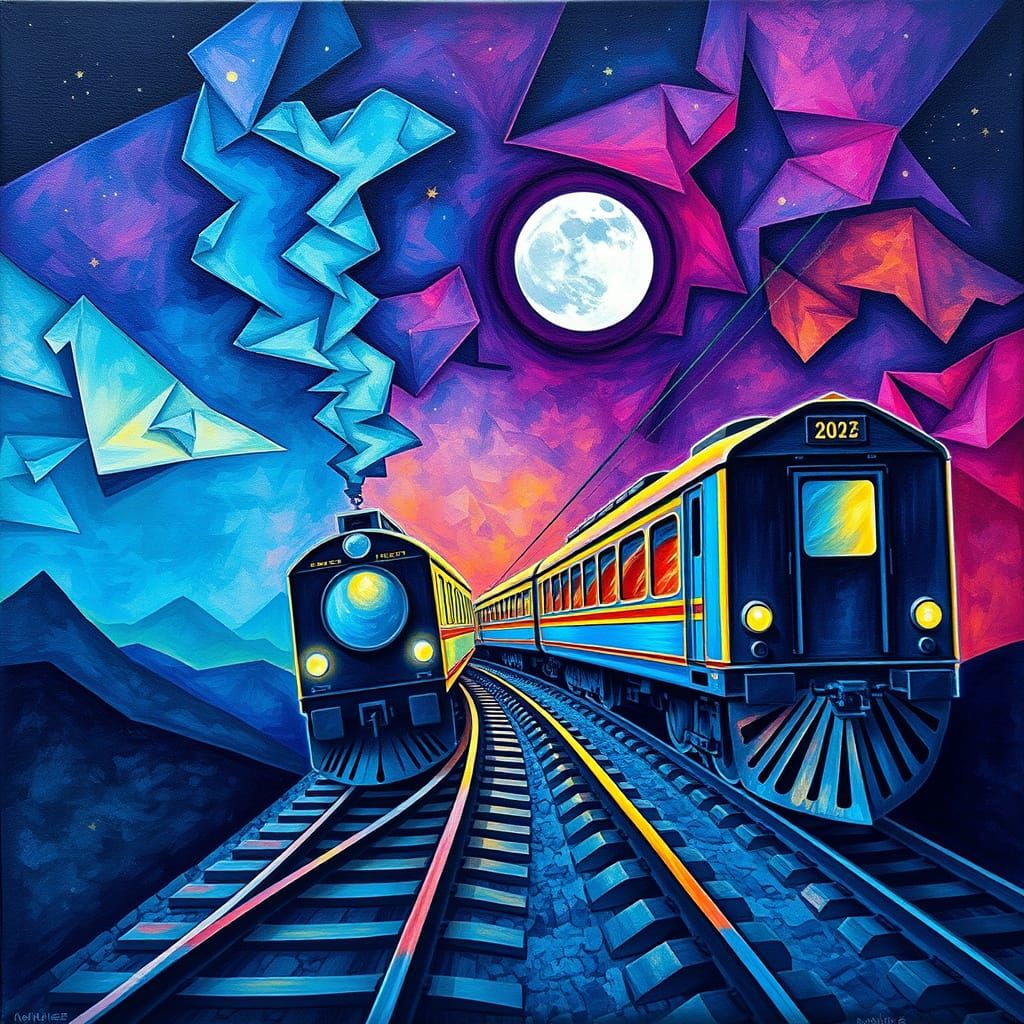 Trains on a Celestial Moon in Vibrant Cubist Style - AI Art