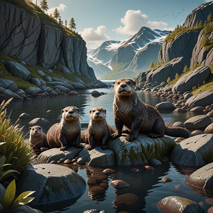 Magical Otter Family Plays on Norwegian Waterfall ... - AI Art