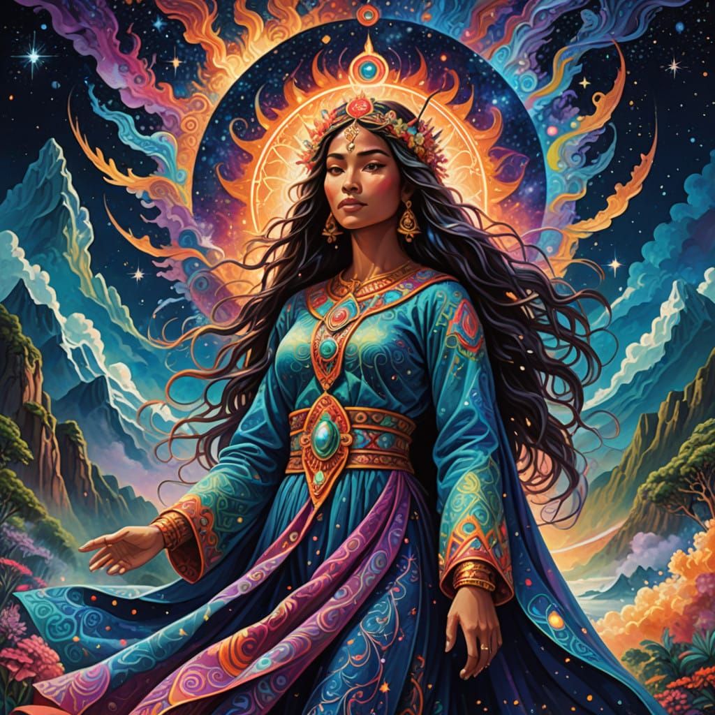 Regal Goddess Weaves Cosmic Tapestry Over the Eart... - AI Art