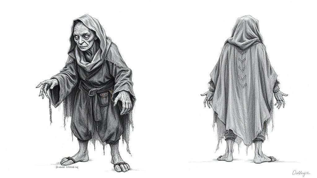 D&D Character study. pencil drawing. full body, front, side, back. An ...