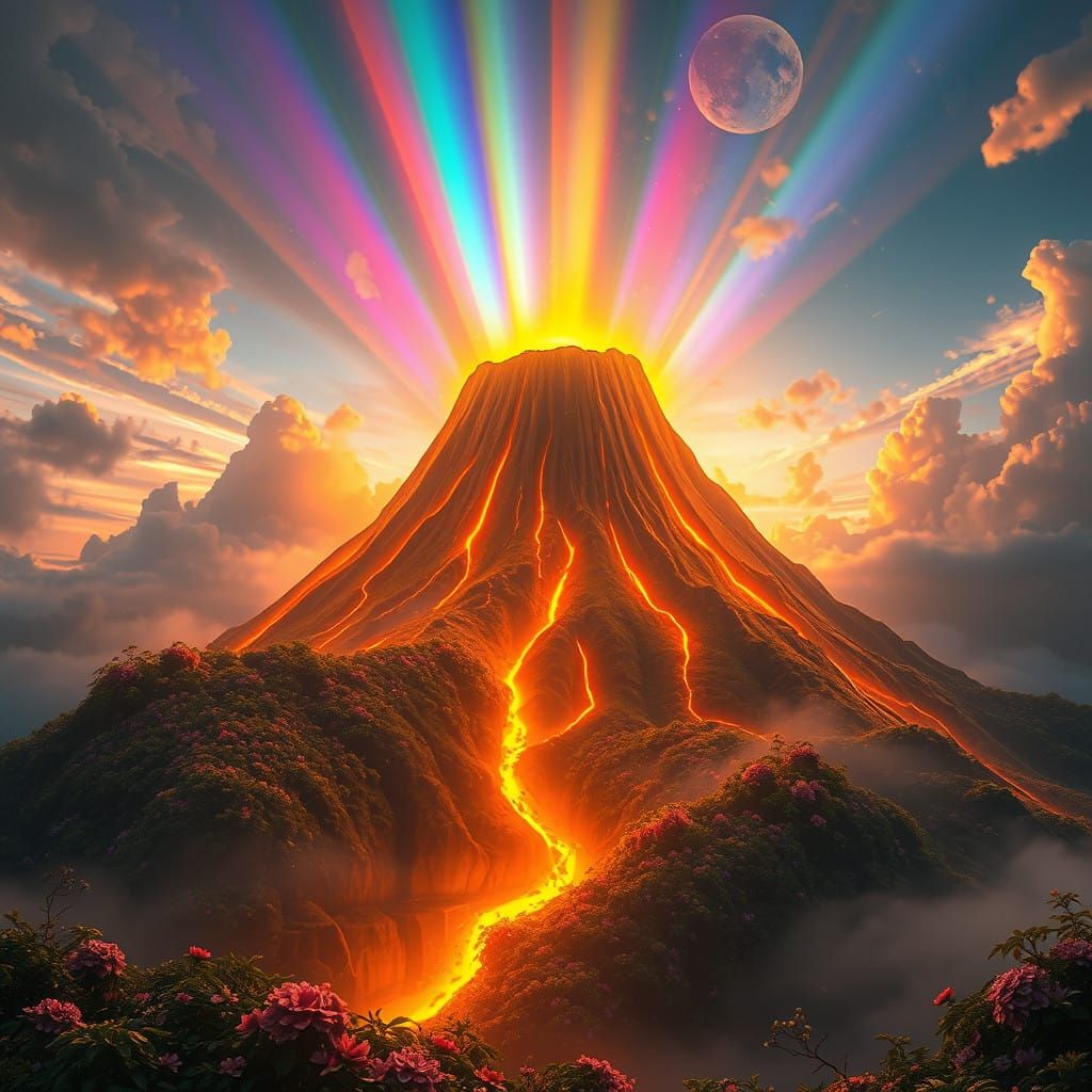 Majestic Golden Volcano Erupts with Vibrant Rainbo... - AI Art