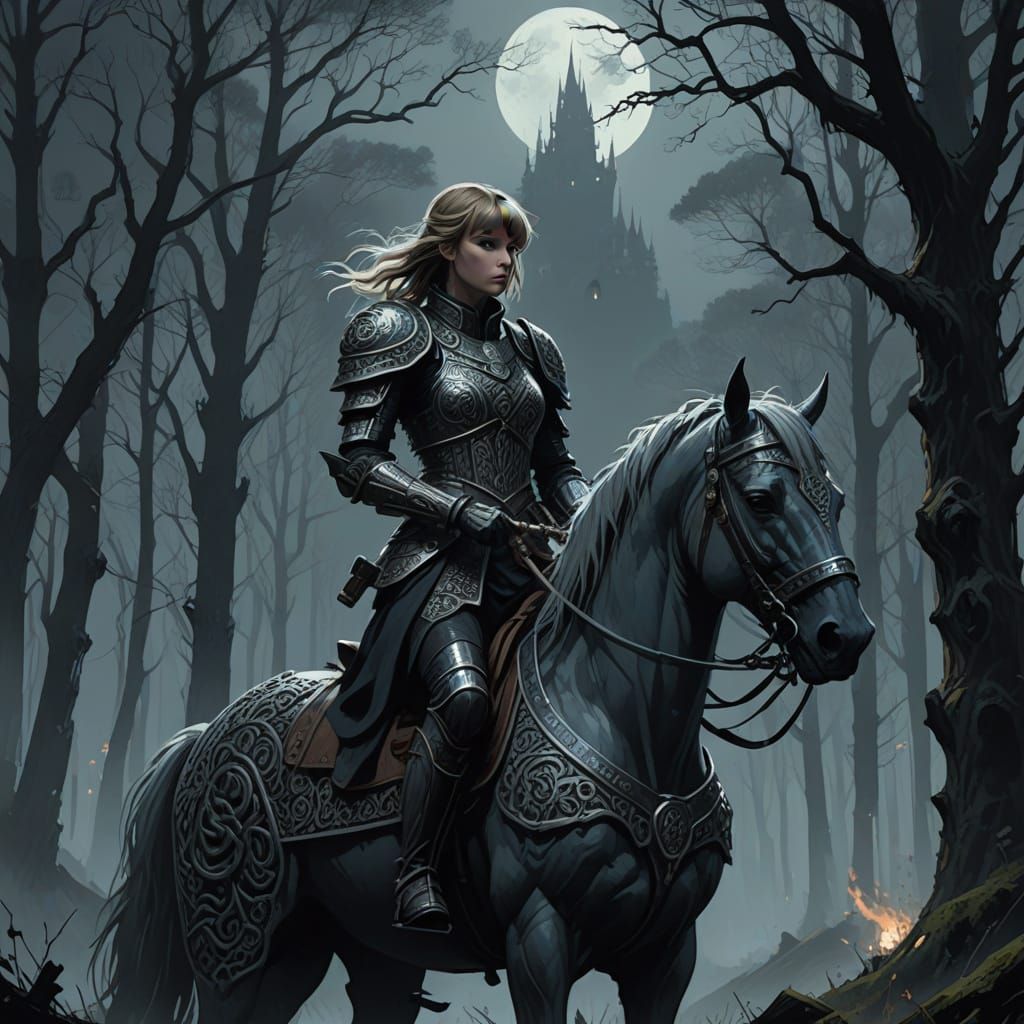 Medieval Warrior Maiden in Dark Night Scenery - AI Art