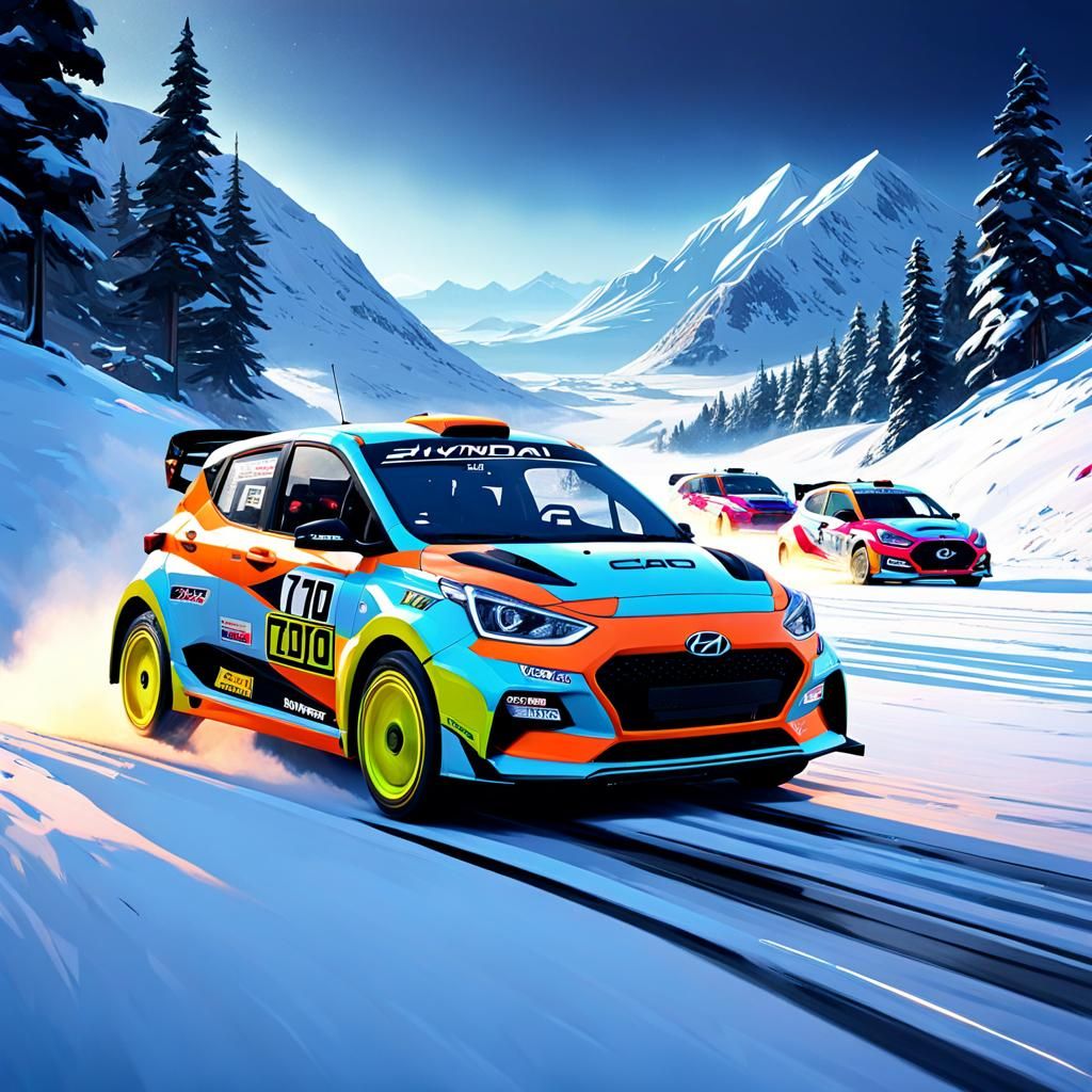 Group B rally Hyundai i10 rallying on snowy mountain track (cyberpunk ...