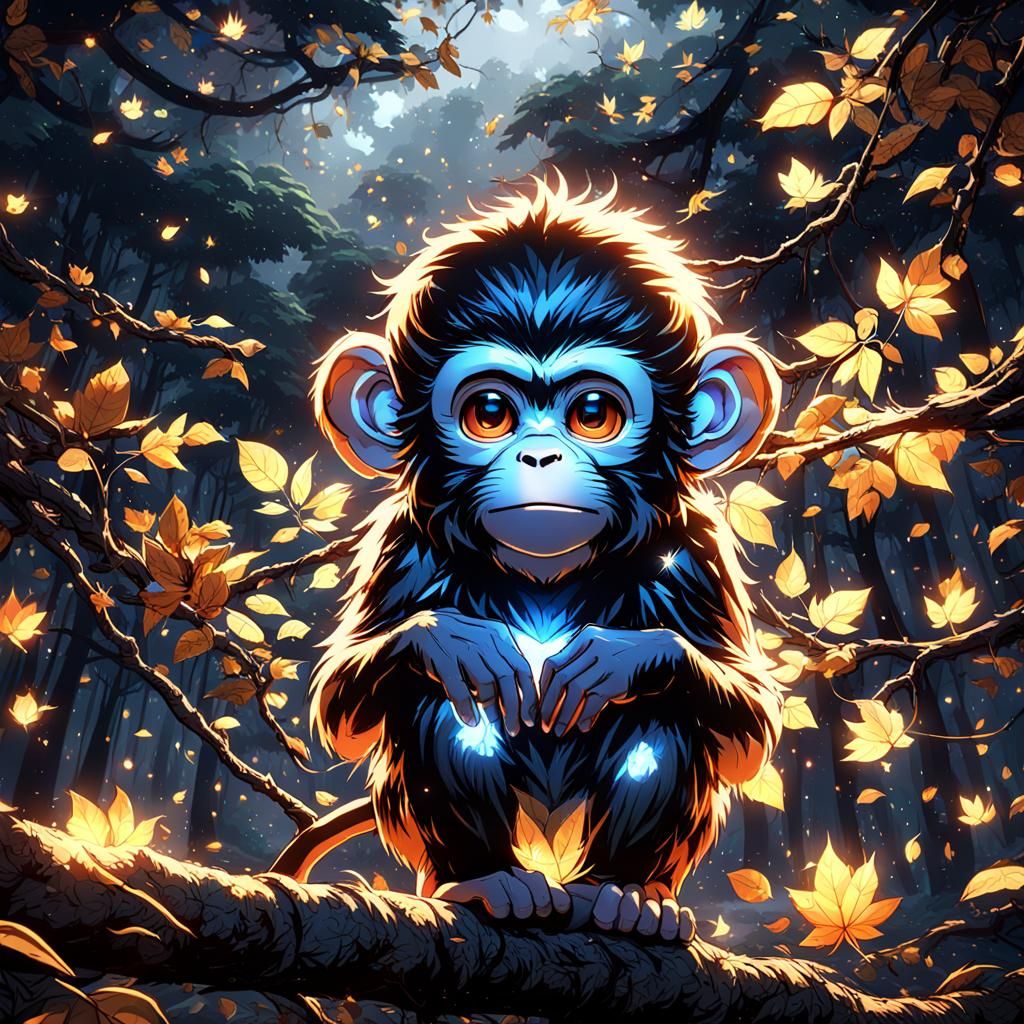 Clear monkey wide angle shot with glowing little monkey hanging from a ...