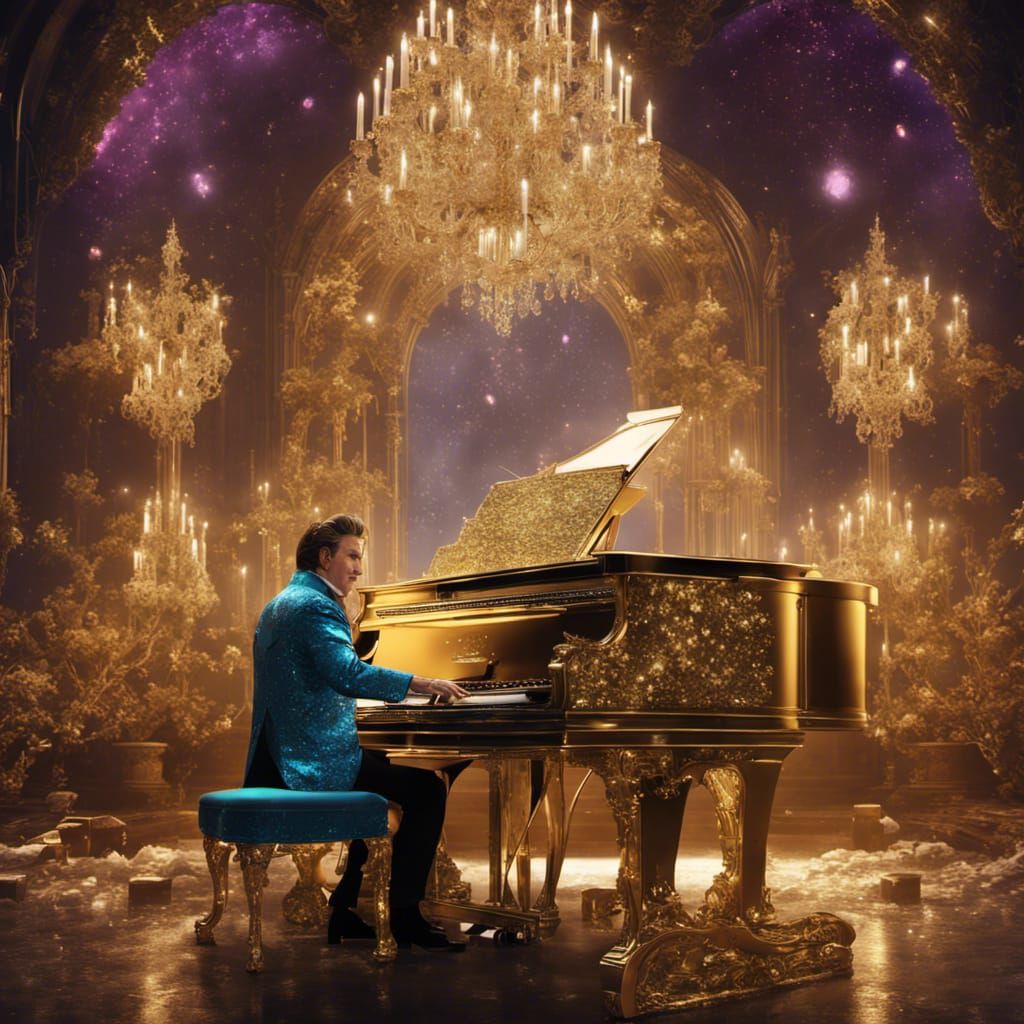Liberace Plays Jeweled Gold Piano: Fantasy Art - AI Art