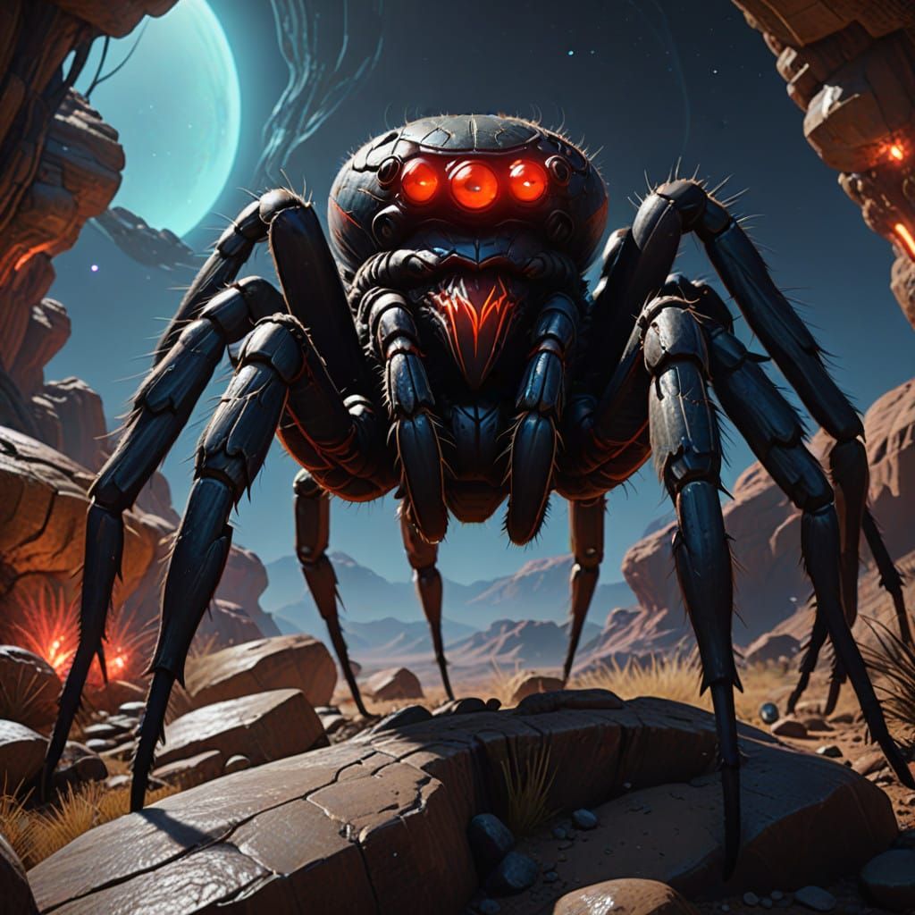 Ethereal Alien Tarantula Basks in Dual Sunlight on... - AI Art