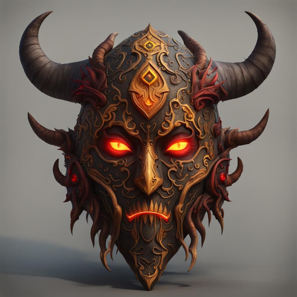 Wooden mask with eight red eyes,horns,fangs and glowing yellow runes ...
