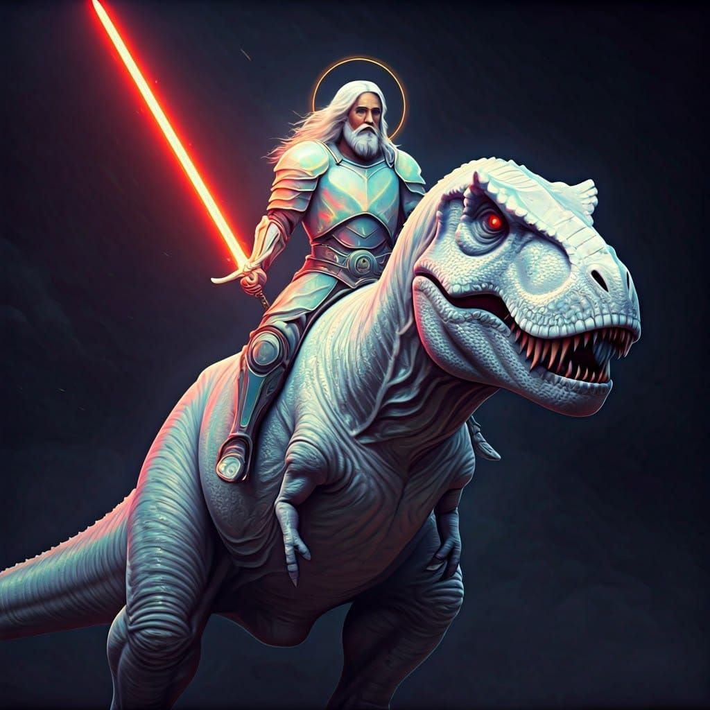 Ethereal Warrior on a Luminous Tyrannosaurus Rex - AI Art