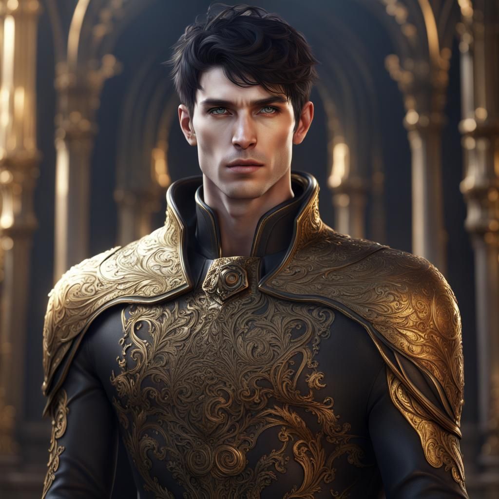 Human male, pale skin, golden eyes, black hair, short hair, tall ...