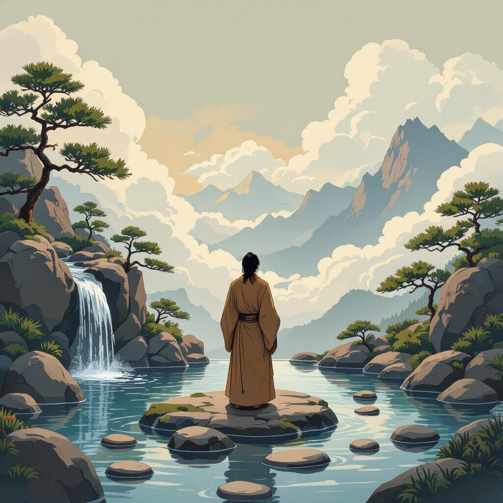 Floating Island Wanderer in Japanese Art Style - AI Art