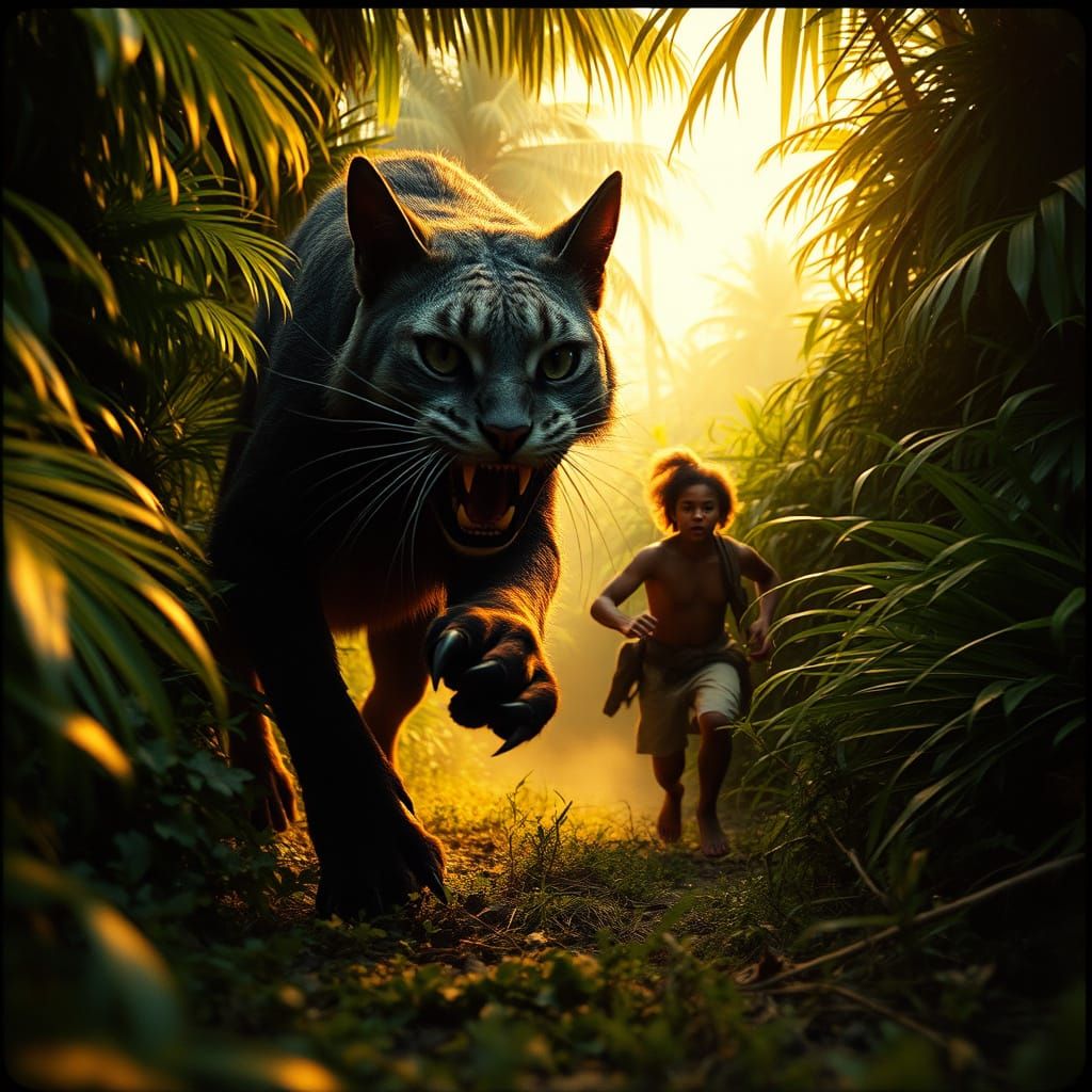 Monstrous Island Feline Pursues Terrified Human - AI Art