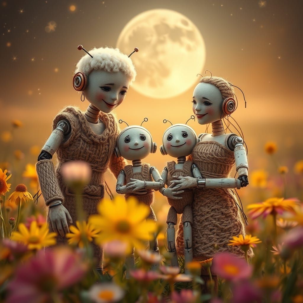 Whimsical Android Family Embracing in a Dreamlike ... - AI Art