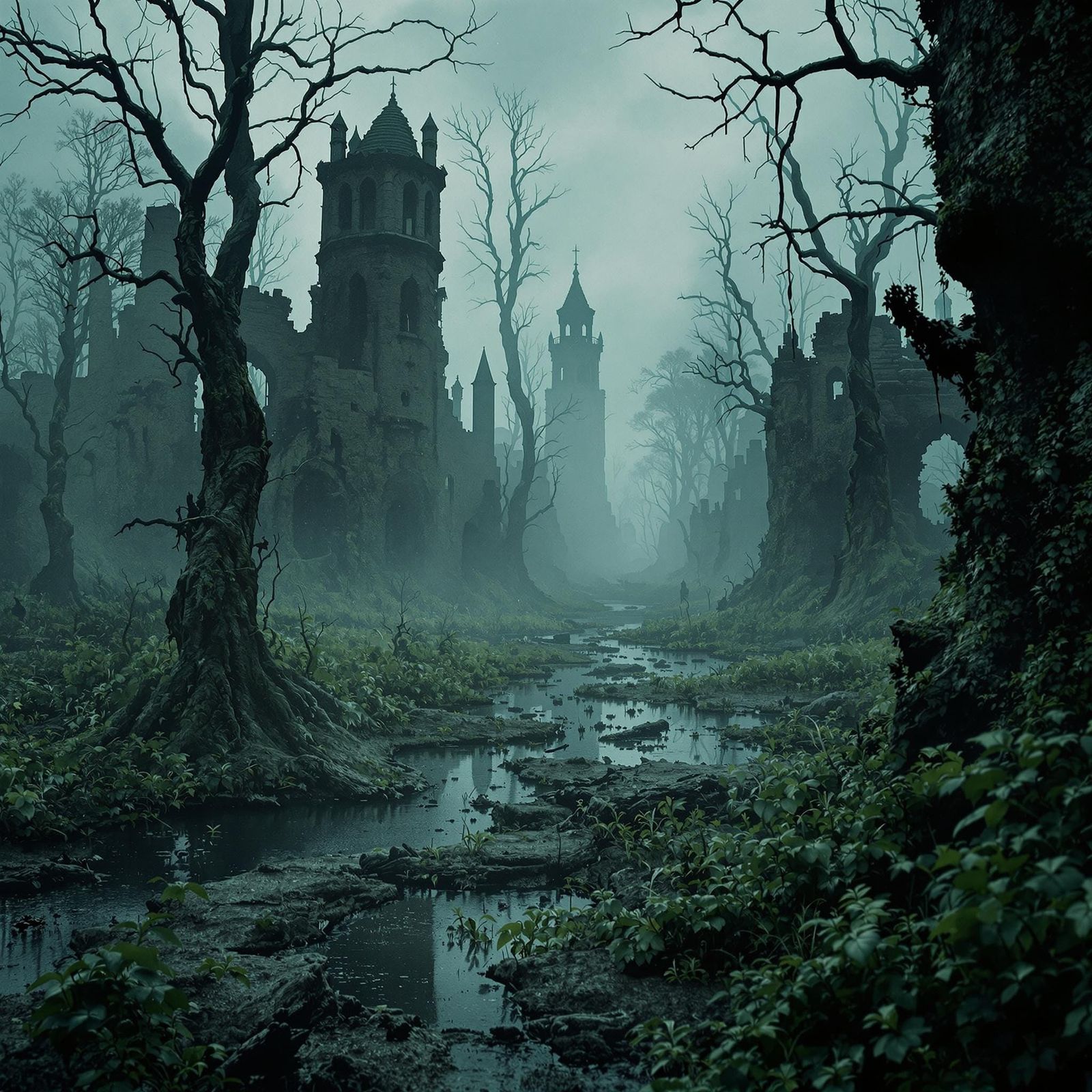 Swamp. Undead. Ruined Civilization being swallowed by the swamp.