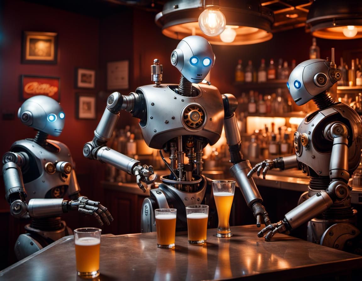 A robot bartender with intricate gears for limbs serves a steaming mug ...