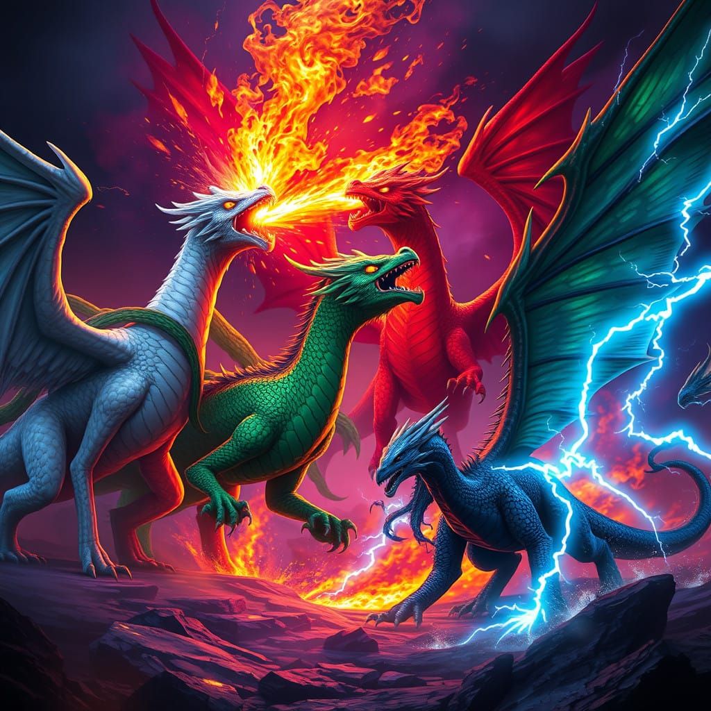 Four kingdom size Wyverns, two legs and two wings each, The first is ...